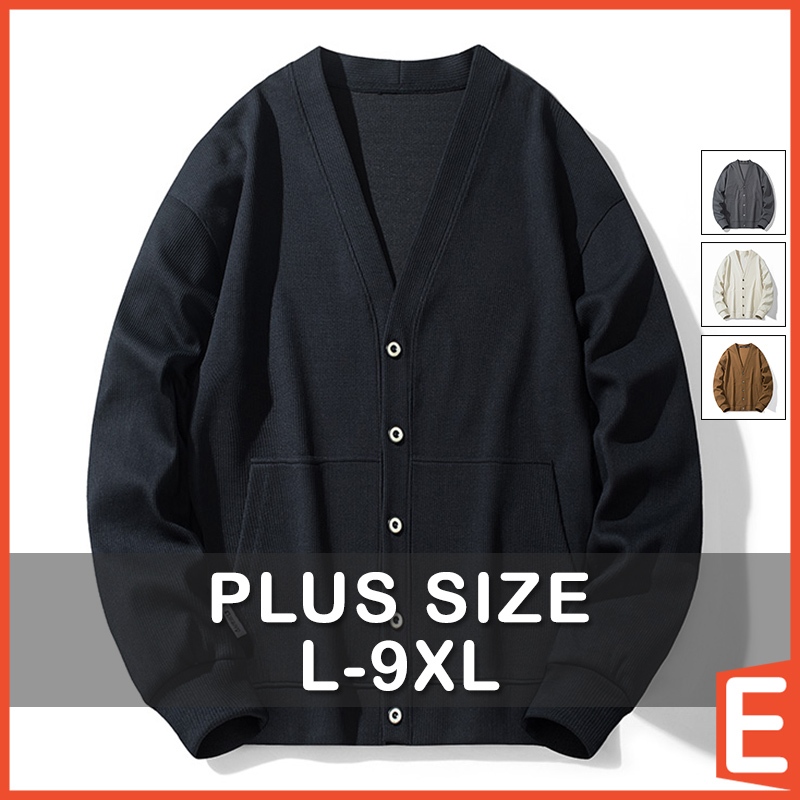 [L-9XL] Plus Size Waffle Cardigan Men Korean Solid Basic V Neck Long Sleeve Pocket Single ...