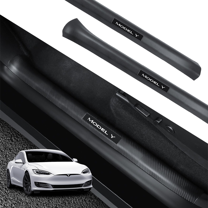 Tesla Model 3/Y Car Door Sill Cover Carbon Front Rear Pedal Guards Anti ...