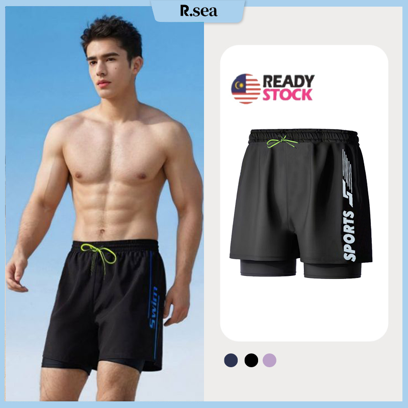 【R.sea】Ready stocks Men's Swim Shorts Men Double Layer Running Shorts ...