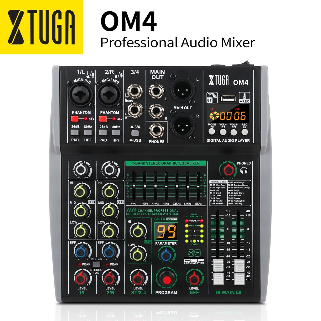 XTUGA OM4 4 Channel Audio Mixer Sound Mixing Console with USB Interface ...