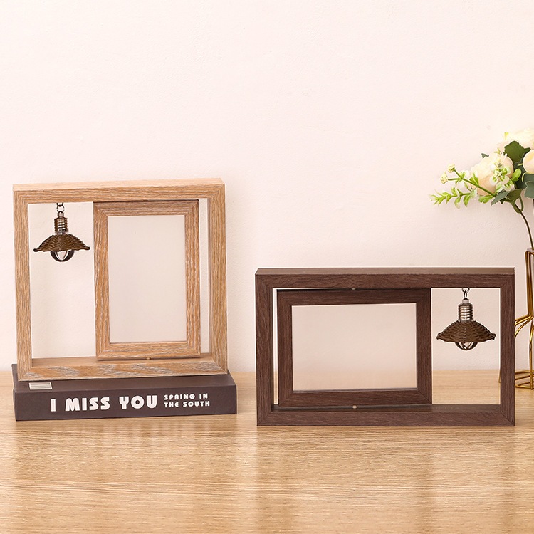 Creative Double-Sided Rotating Photo Frame Table with Light Wooden 20cm ...