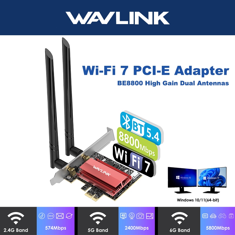 WAVLINK BE8800 WiFi 7 PCIe Network Card MU-MIMO Wireless Adapter with Bluetooth 5.4 Not For AMD ...