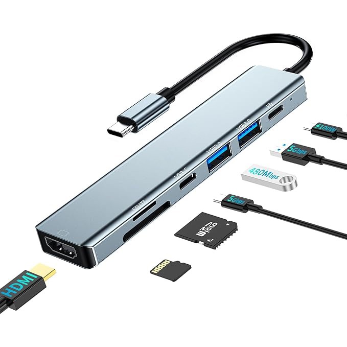 USB C Hub, 7 in 1 USB C to HDMI Splitter, PD 100W Charging, SD Card ...