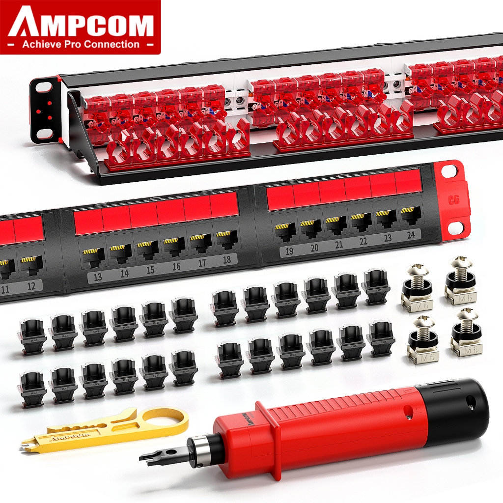 AMPCOM Commercial Series 19" 24-Ports CAT6 Patch Panel with 4 mounting ...