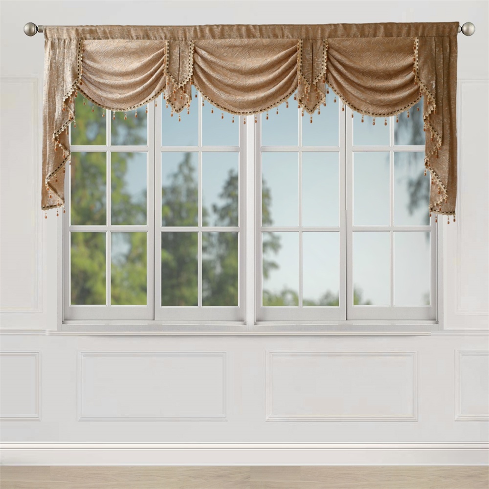 Brown Jacquard Design Scallop Curtain Head Luxury Beaded Wave Waterfall ...