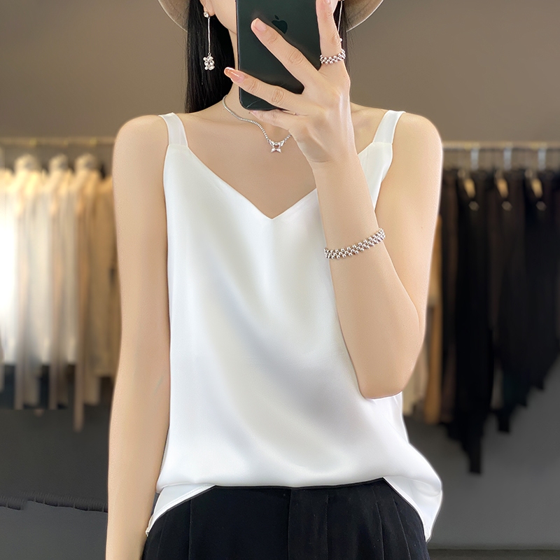 Spring Ladies V-Neck Sling Silky Satin Solid Color Light Luxury Wide ...
