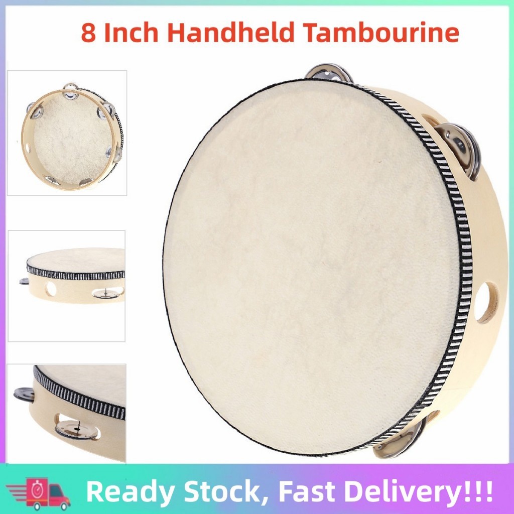 💥IN Stock🚚8 inch Wooden Tambourine with Metal Jingles Percussion ...