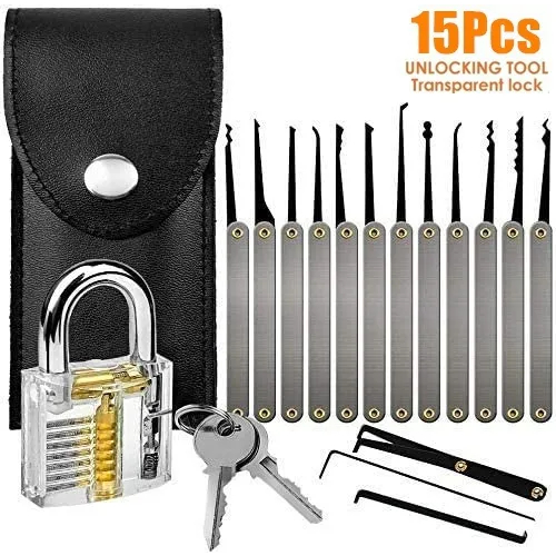 15 Pcs Lock Pick Locksmith Training Skill Set Transparent Practice Lock Padlock Tools Key ...