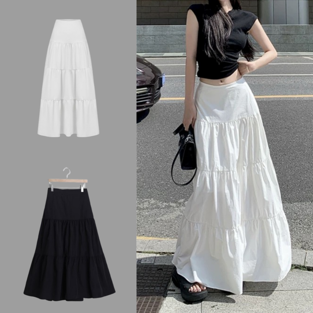 【READY STOCK】Bella Women's Solid Color Long Skirt Hitam High Waist A ...