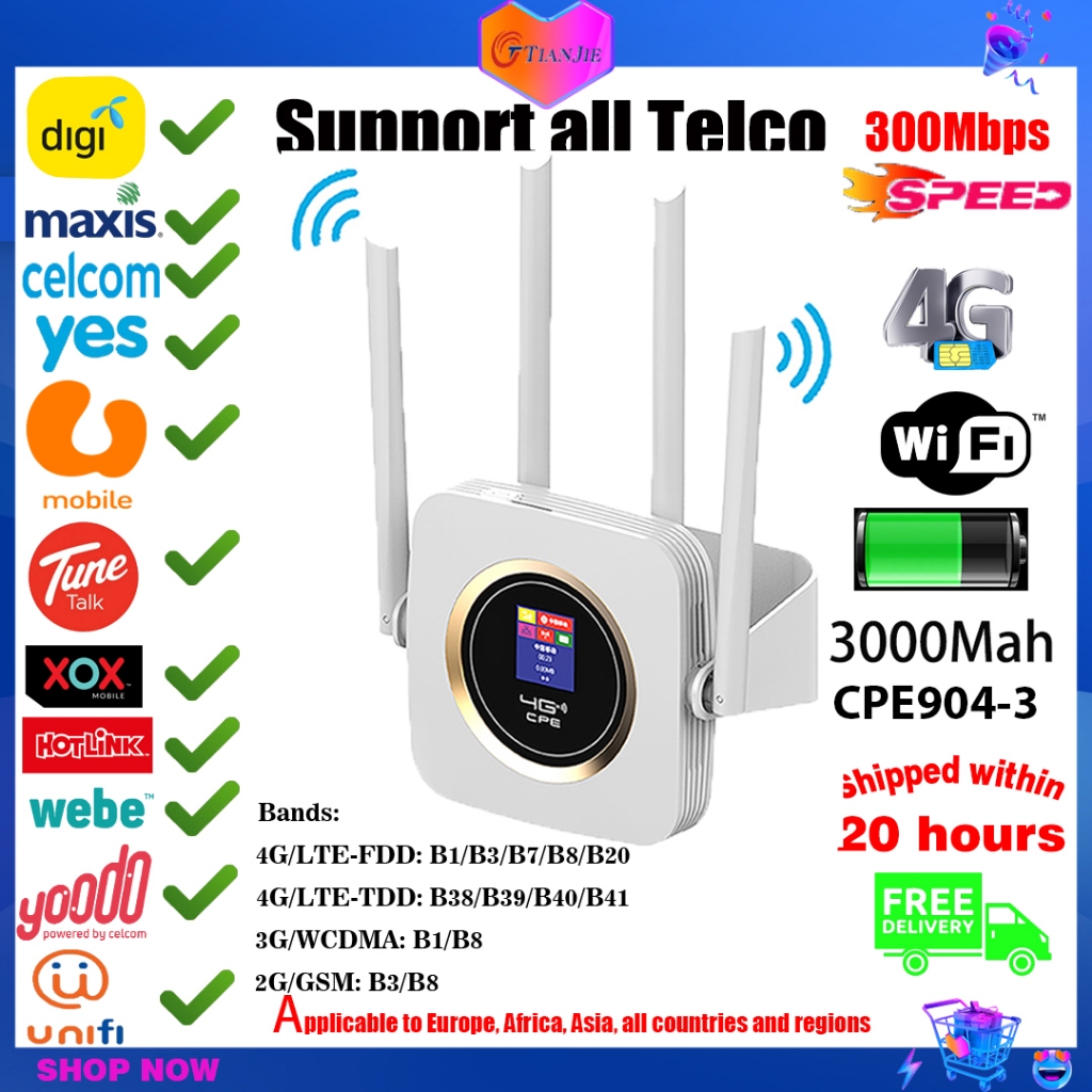 TianJie 4G Lte Router Sim CPE 4G Modem Mobile Hotspot Wireless Wifi Broadband 4 Wifi Antenna ...