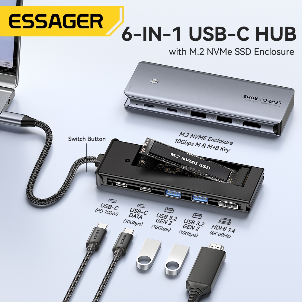 Essager 6 In 1 & 7 In 1 Splitter Adapter Hub + Expand SSD High-speed ...