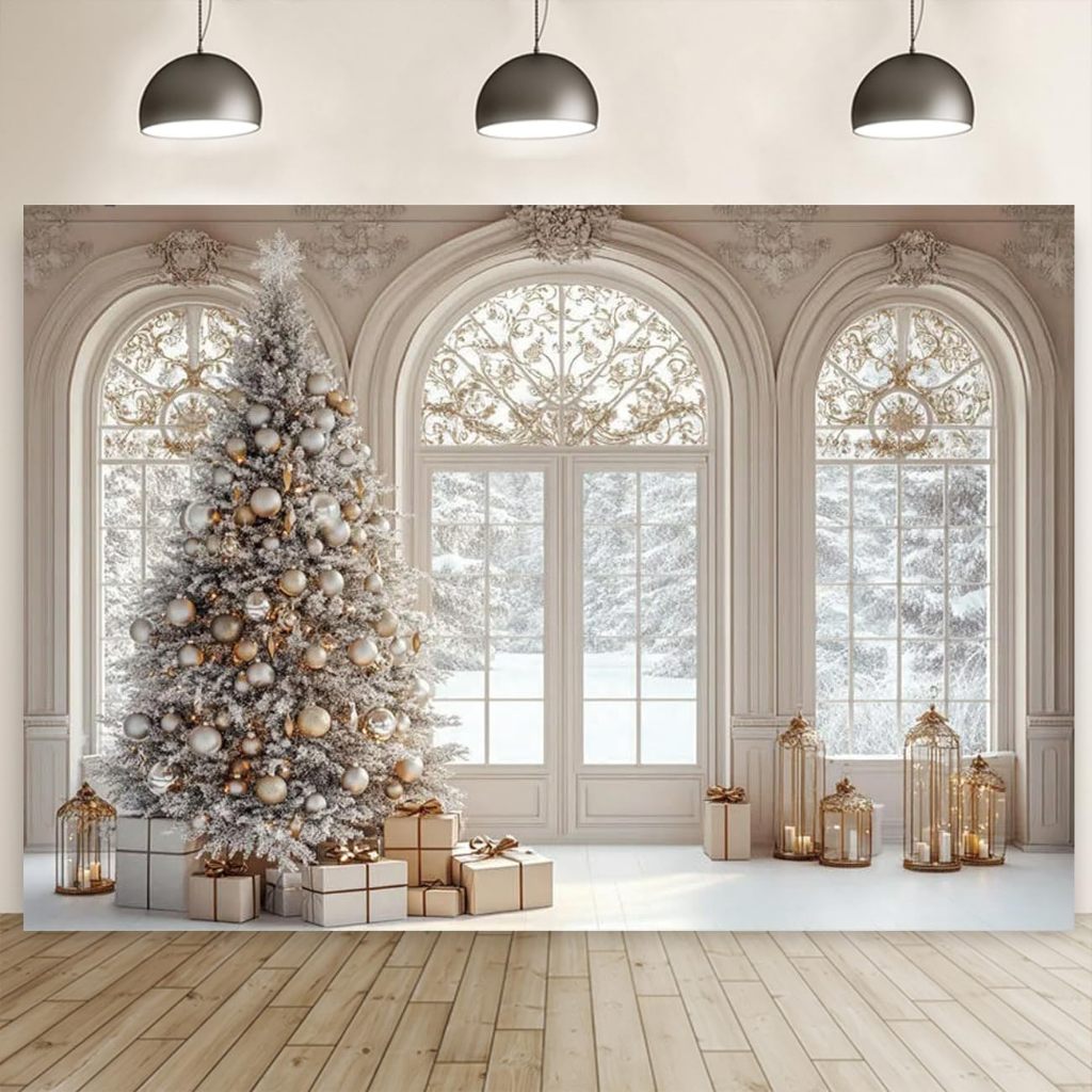 Christmas Window Backdrop Photography White Snow Christmas Tree Outside ...