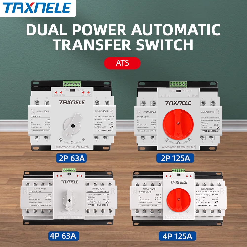 TAXNELE ATS 2P 4P 63A 125A Dual Power Automatic Transfer Switch AC 230V MCB Auto Changeover ...