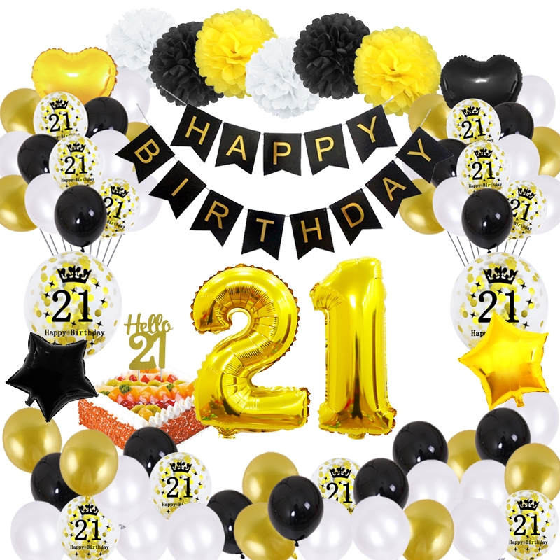 21 Birthday Party Decorations Black Gold Balloon Happy Birthday Banner 21st Years Birthday Woman ...