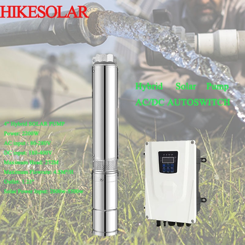 4" AC/DC Solar Hybrid Water Pump Deep Well Submersible 200V 2200W 3HP Stainless Steel with MPPT ...
