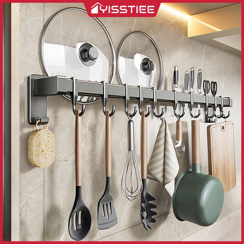 YT Kitchen Plastic Hanging Rod Kitchen Essential Rack Gray Movable Hook ...