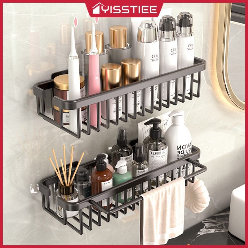 YT Metal Aluminum Mesh Basket Rack Black Wall Mounted Toilet Rack No ...