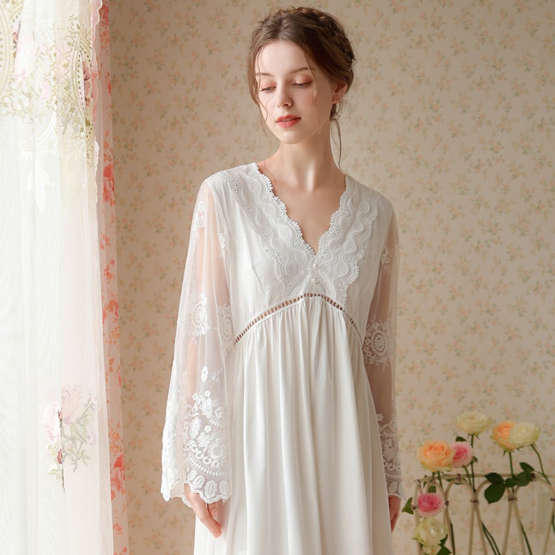 {Ready Stock}Women Pure cotton Night Dress Long Sleeve V-neck Vintage ...