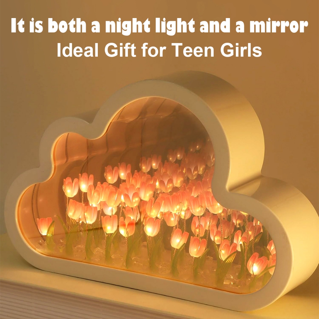 DIY Cloud Tulip LED Night Light Atmosphere Mirror Battery Table Lamps ...