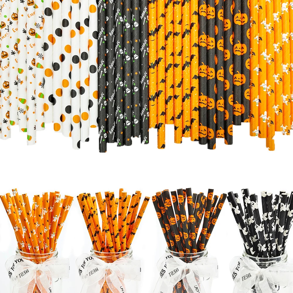 25Pcs Halloween Disposable Straws Pumpkin Ghost Bat Spider Party Paper ...