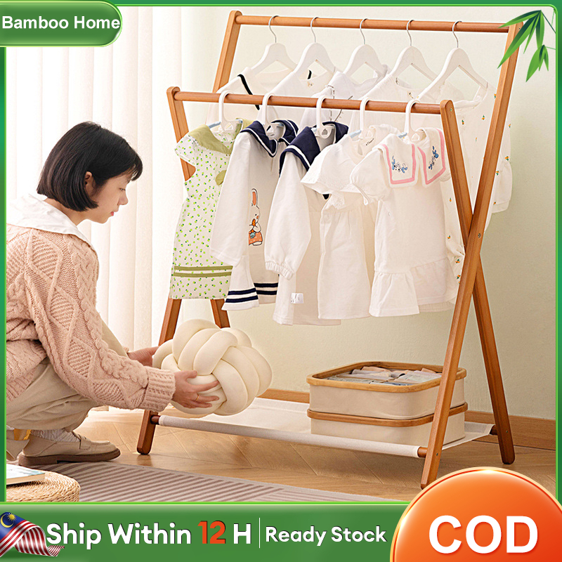 Bamboo Clothes Rack 50/80CM Foldabele Hanger Stand Rak Baju Besi ...