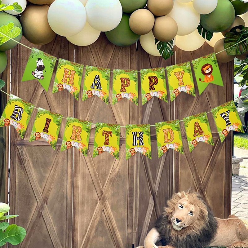 1set Safari Theme Happy Birthday Banner Jungle Party Pull Flag Jungle ...