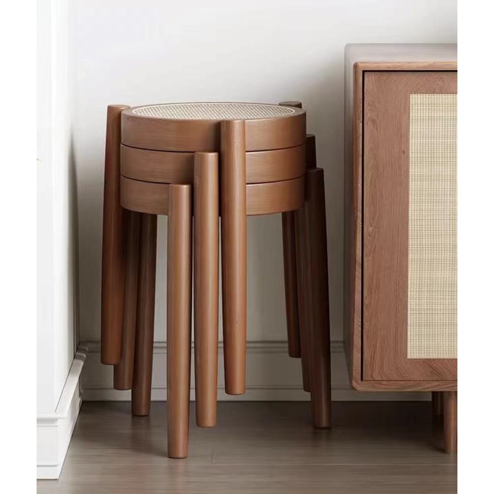 Household Rattan Dining Table Stool Solid Wood Chair Dining Chair ...