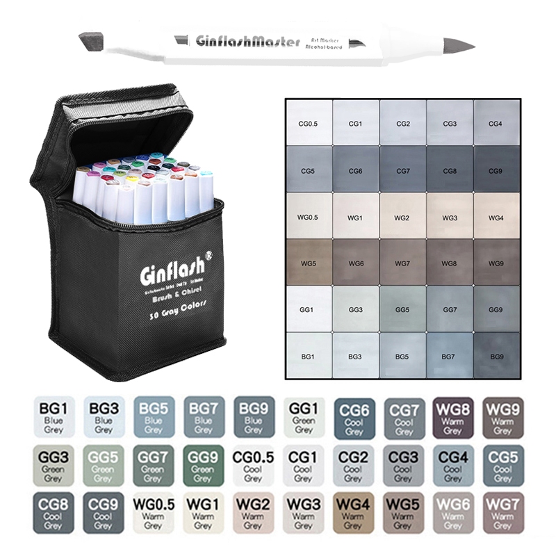 Ginflash Brush&Chisel 30Colors Gray Tone Set Matching Art Markers Brush ...