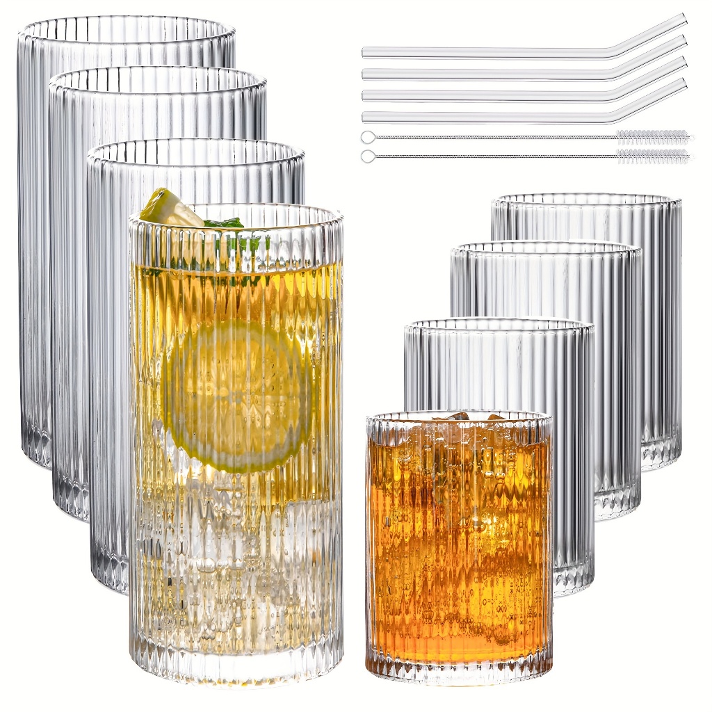 KEMORELA 8PCS Ribbed Glassware with straw, Drinking Glasses, Highball ...