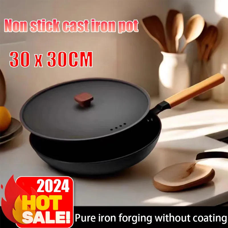 (30CM+CAST IRON LID) Authentic Japanese Wok Non Stick Wok Iron Pot ...