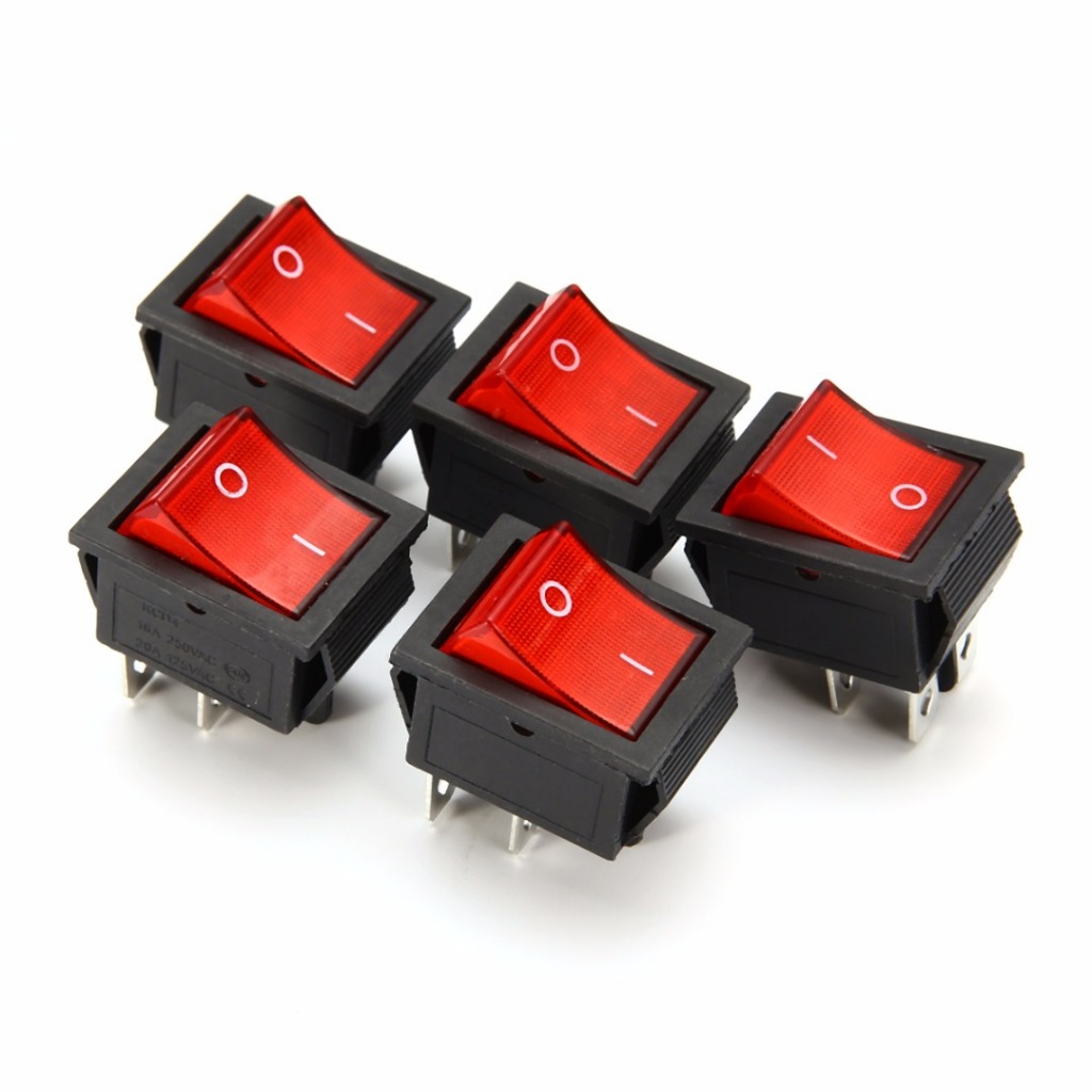 FILSHU 5pcs KCD4 16A 250V 20A 125V Rocker Switch ON/Off -Red Light Illuminated 4 Pin 2 Position ...