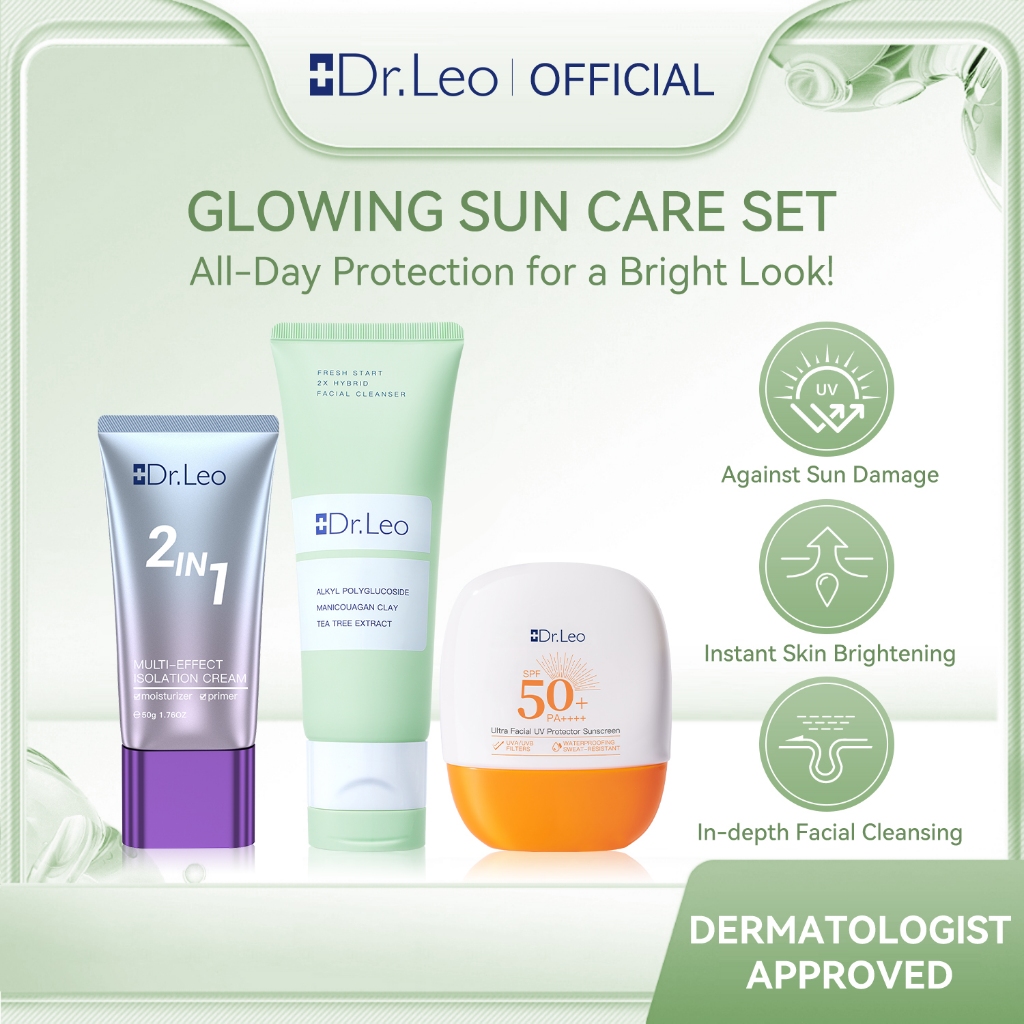 Dr.Leo 3pcs Set Brighten Skin Tone Set Isolation Primer + Dual-Tube Facial Wash + Face Sunscreen ...