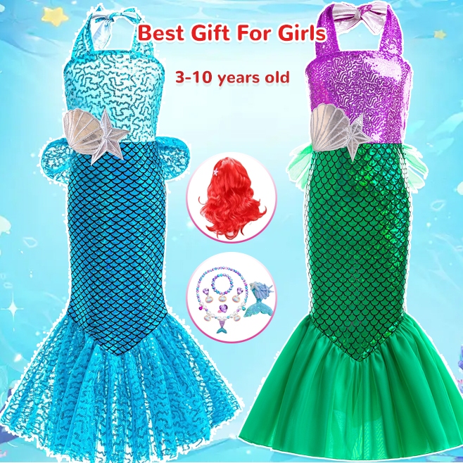 4 PCS Little Mermaid Tail Dress for Girls, Sequin Mermaid Costume Set ...