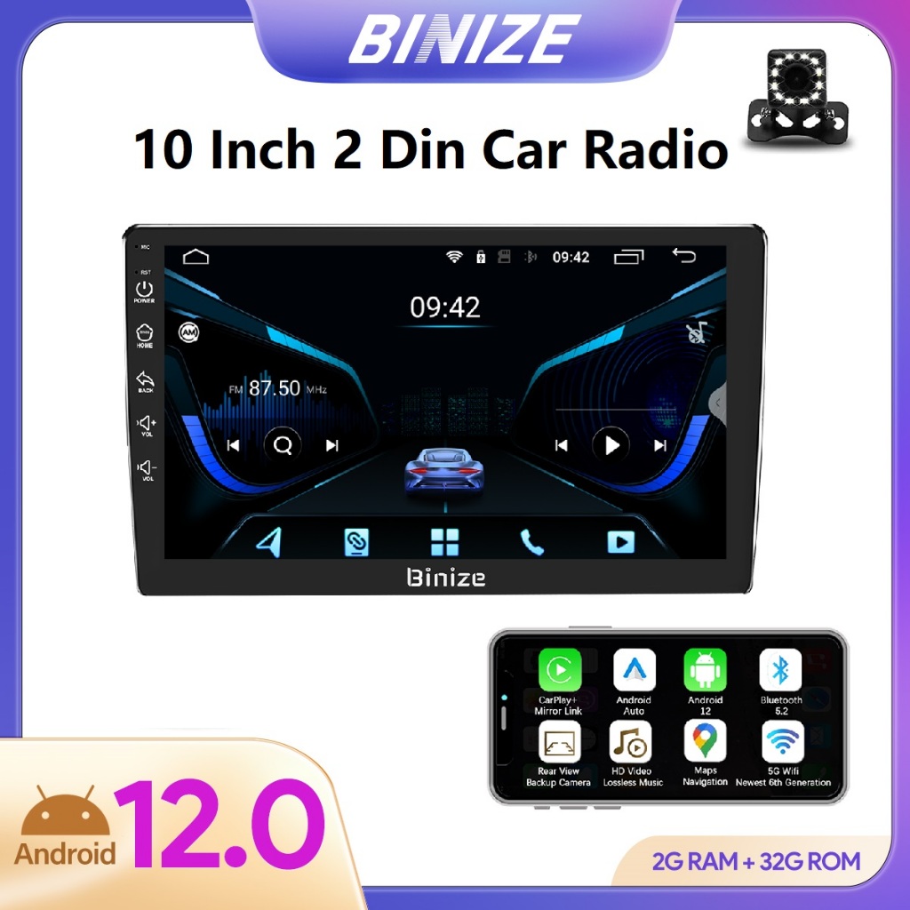 Binize 10 Inch 2 Din Car Radio with Wireless Carplay & Wireless Android ...