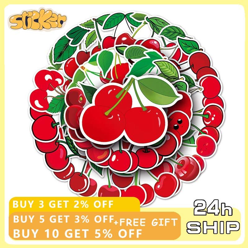 50pcs Red Cherry Stickers Laptop Luggage Phone Fridge Scrapbook Car ...