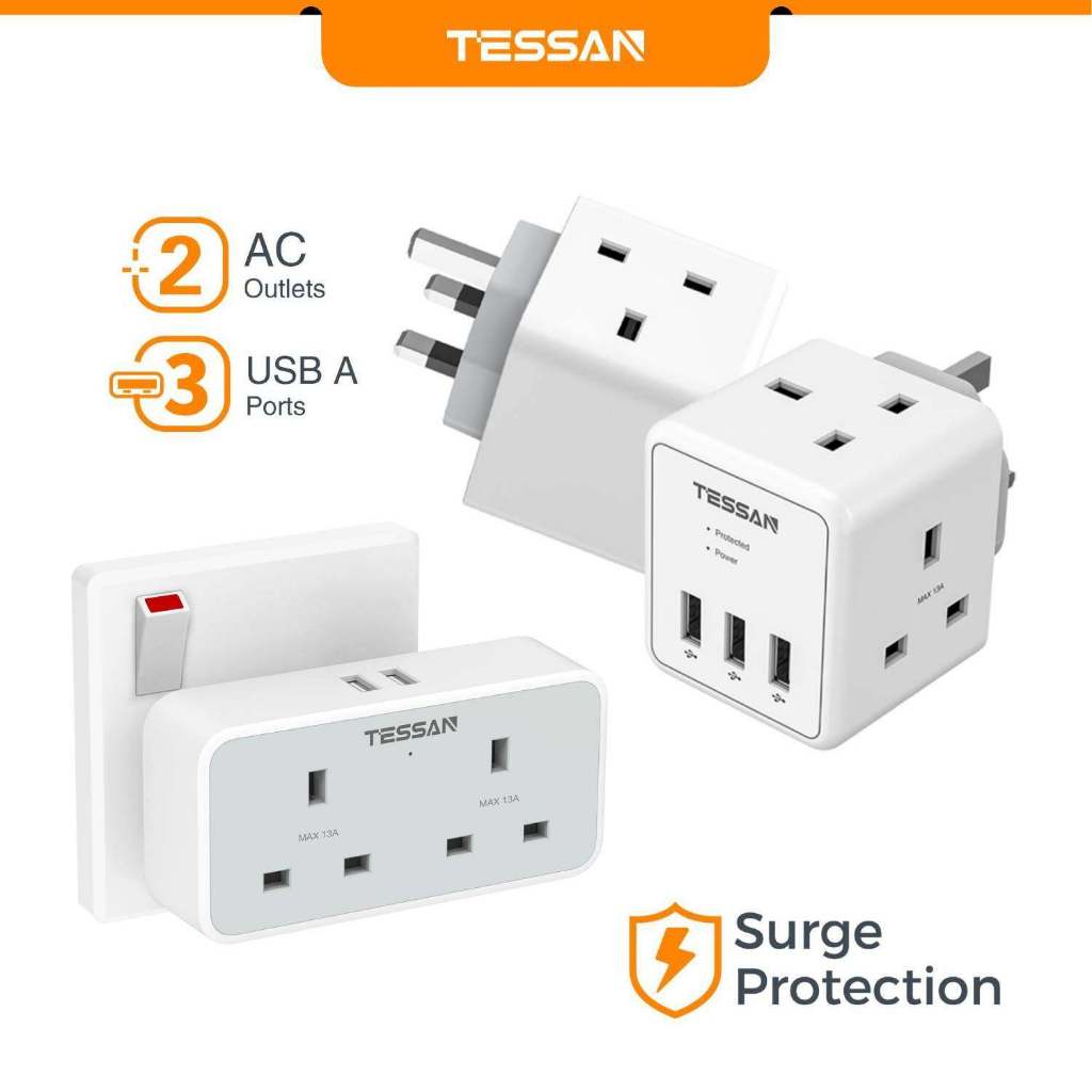 TESSAN Surge Protected Plug Adapter with 3 USB, 13A Cube Multi Plug ...