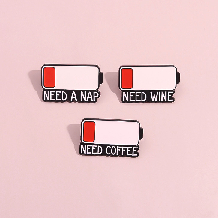 Creative Need Coffee Battery Brooch Pins Cartoon Battery Brooch Metal ...