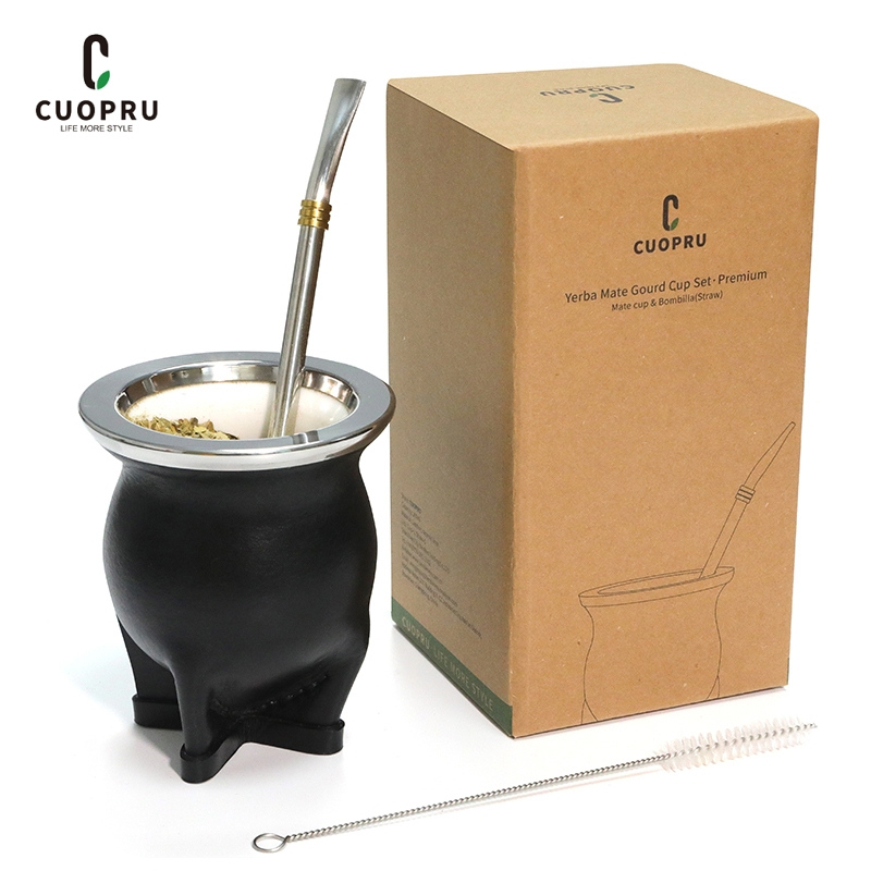 Cuopru Yerba Mate Tea Gourd and Bombilla, Leather, Ceramic liner ...