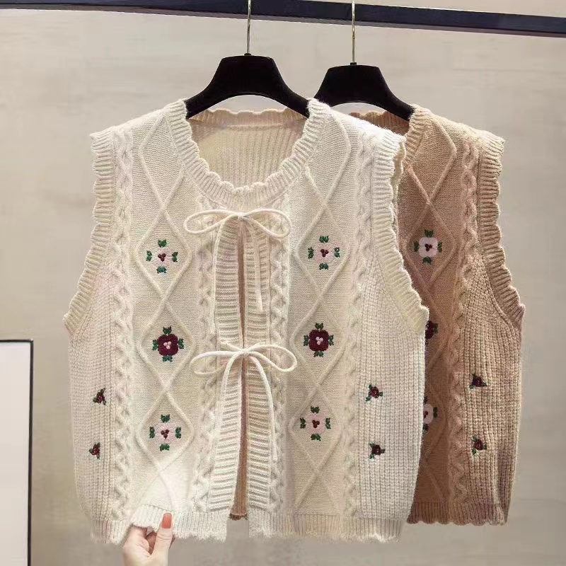 Korean Style Women Knitted Sleeveless Embroidery Loose V-neck Knit Vest ...