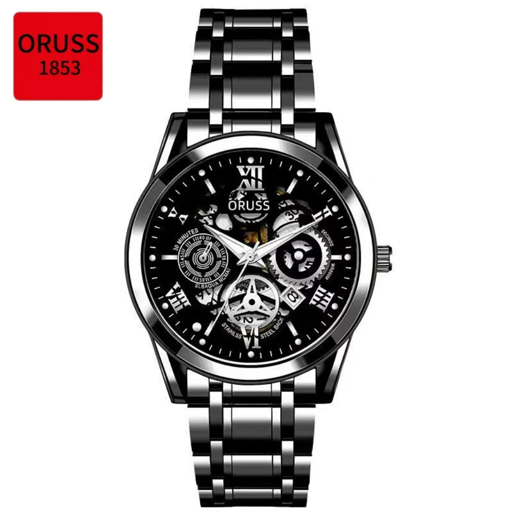 ORUSS Original Men Stainless Steel/Leather Date Hollow Luxury Black ...