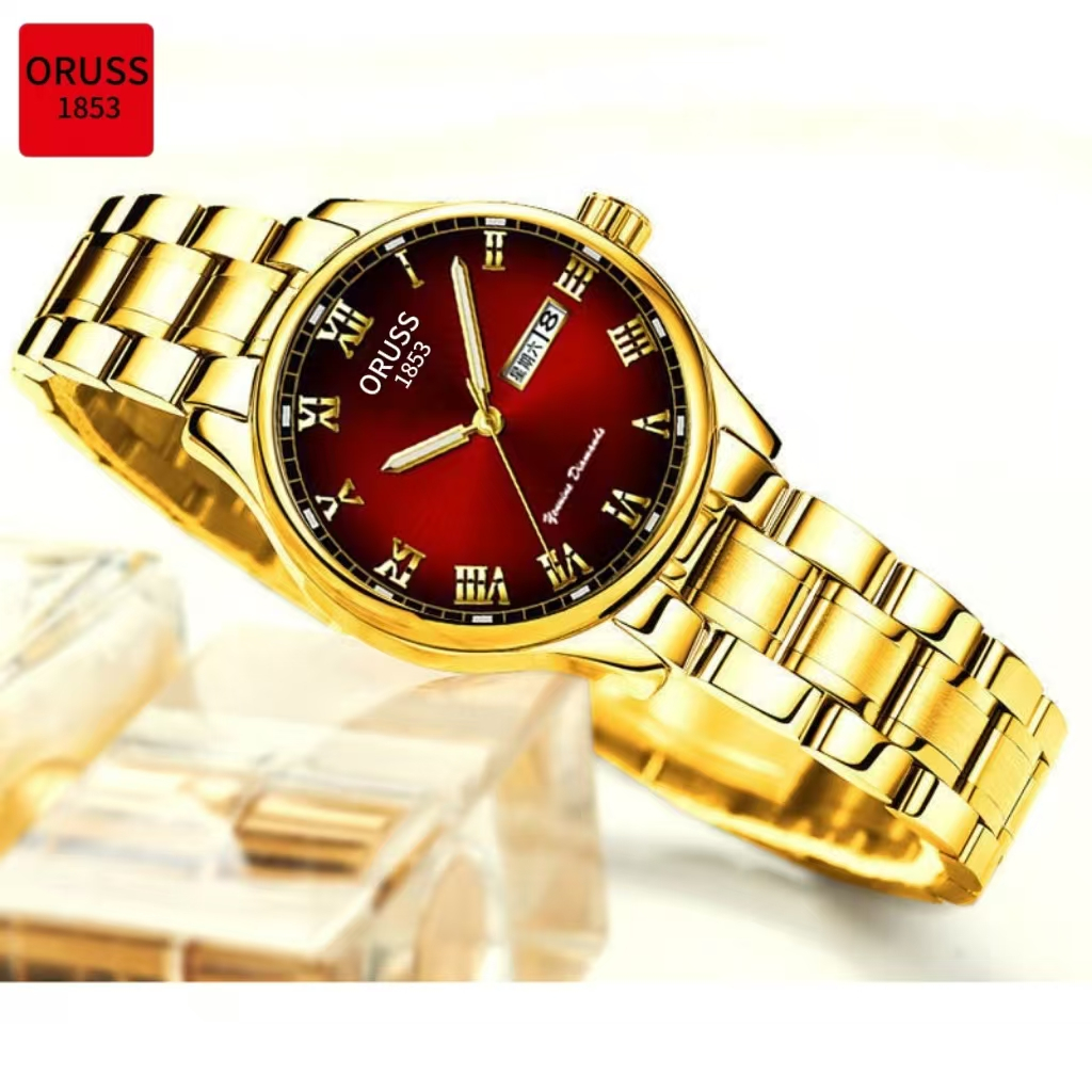 ORUSS Original Women Stainless Steel Luxury Dual Calendar Luminous Gold ...