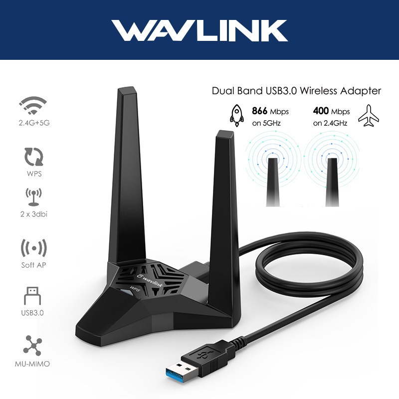WAVLINK AC1300 USB WiFi Adapter 802.11AC1300Mbps Dual Band 2.4GHz ...