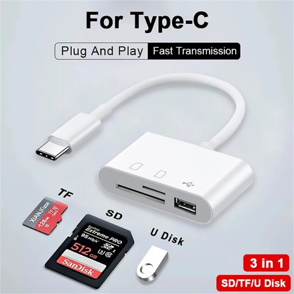 🔌 3-in-1 Type-C Hub | USB 2.0 + SD + TF Card Reader | Adapter OTG untuk ...