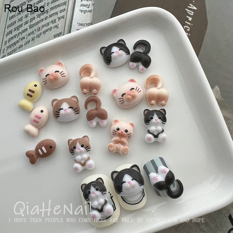 Rou Bao 50pcs Nail Cute Cat Fish Series Taiyaki Cartoon Resin Nails Art ...