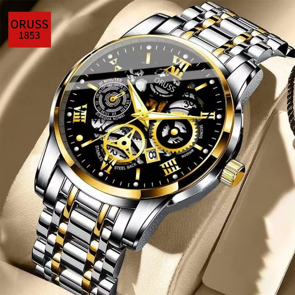 ORUSS Original Men Luxury Hollow Stainless Steel Date Gold/Silver Mens ...