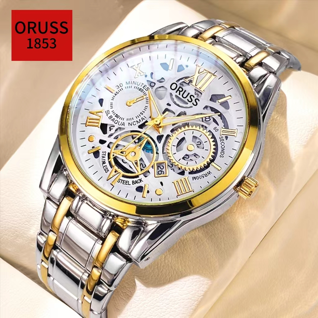ORUSS Original Men Stainless Steel Hollow Luxury Date Silver/Gold Watch ...