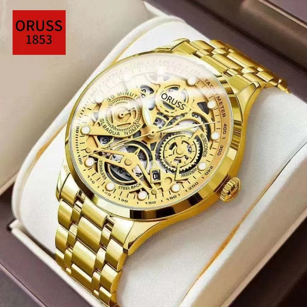 ORUSS Original Men Gold Stainless Steel Hollow Luxury Calendar Luminous ...