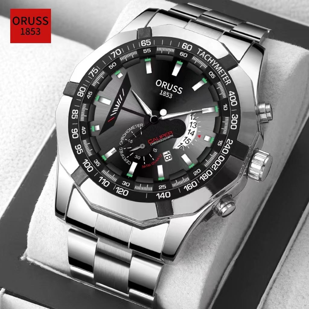 ORUSS Original Men Luxury Stainless Steel/Leather Date Silver/Black ...