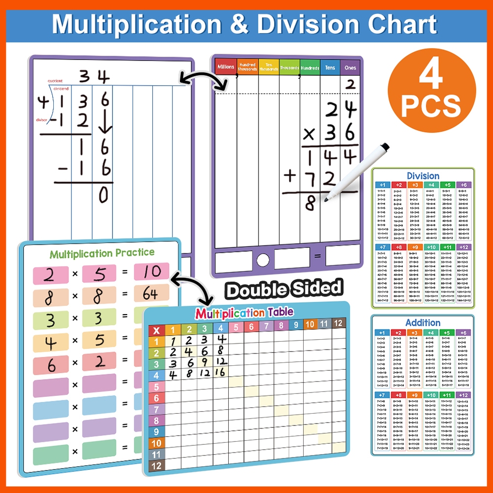 4 PCS Double Sided Multiplication & Division Chart Set Reusable Dry ...