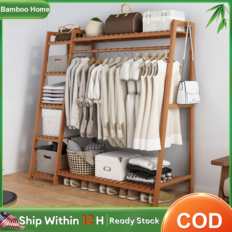 Bamboo Clothes Rack 80-190CM Wood/Brown Rak Gantung Baju Almari Baju ...